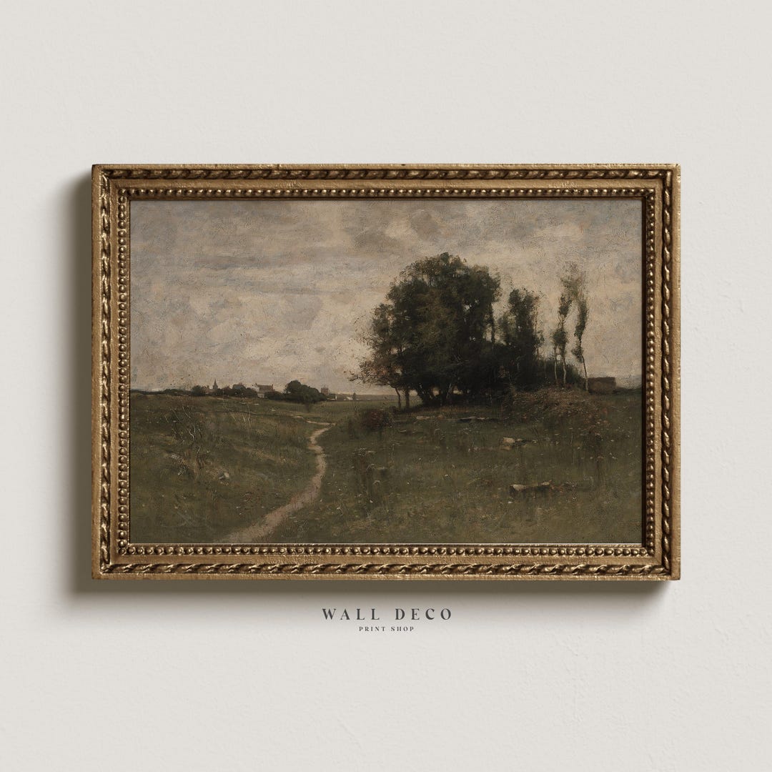 Dark Green Landscape Painting: Vintage Farmhouse Art (digital Printable ...