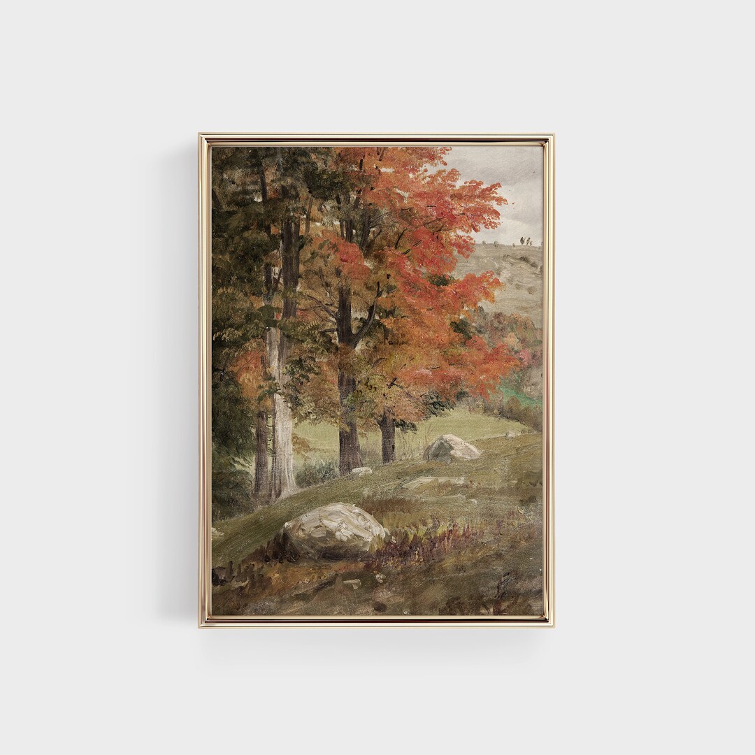 Vintage Fall Landscape Wall Art, Autumn Trees Oil Painting, Farmhouse ...