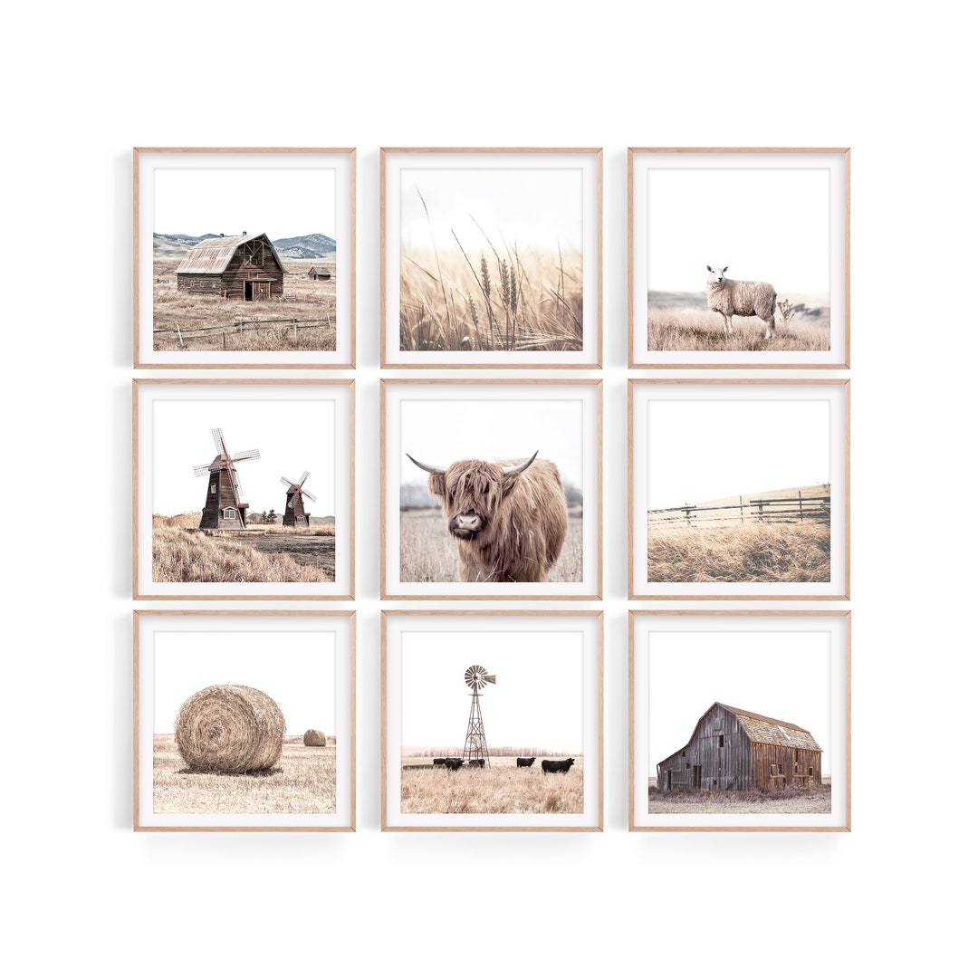 Set of 9 Square Farm Prints, Modern Farmhouse Wall Gallery, Country ...