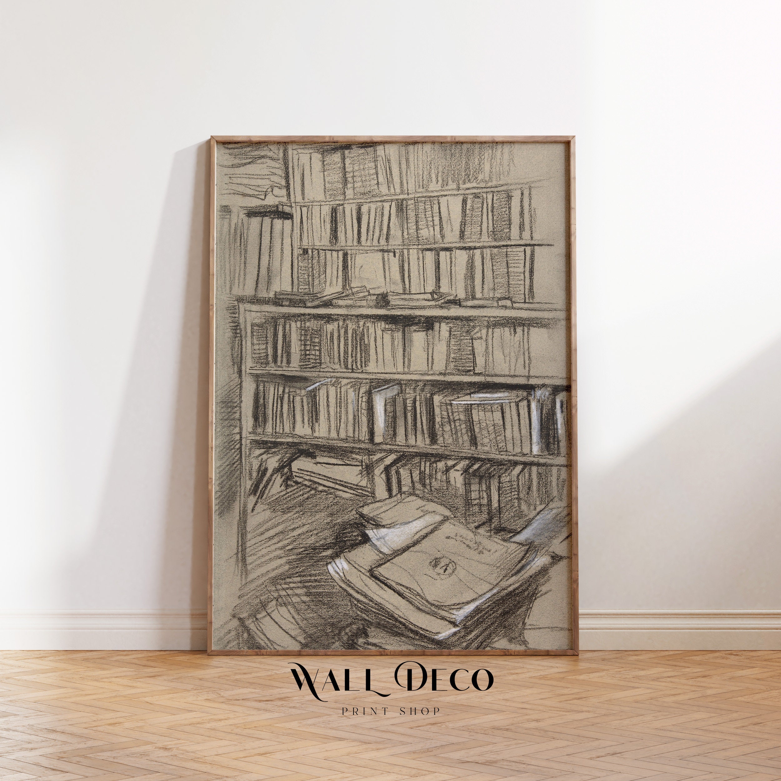 Vintage Bookshelf Sketch Print Antique Books Drawing Digital - Etsy