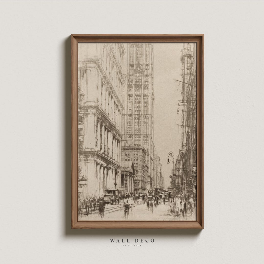 Vintage Broadway New York Sketch Print: Neutral Cityscape (digital ...
