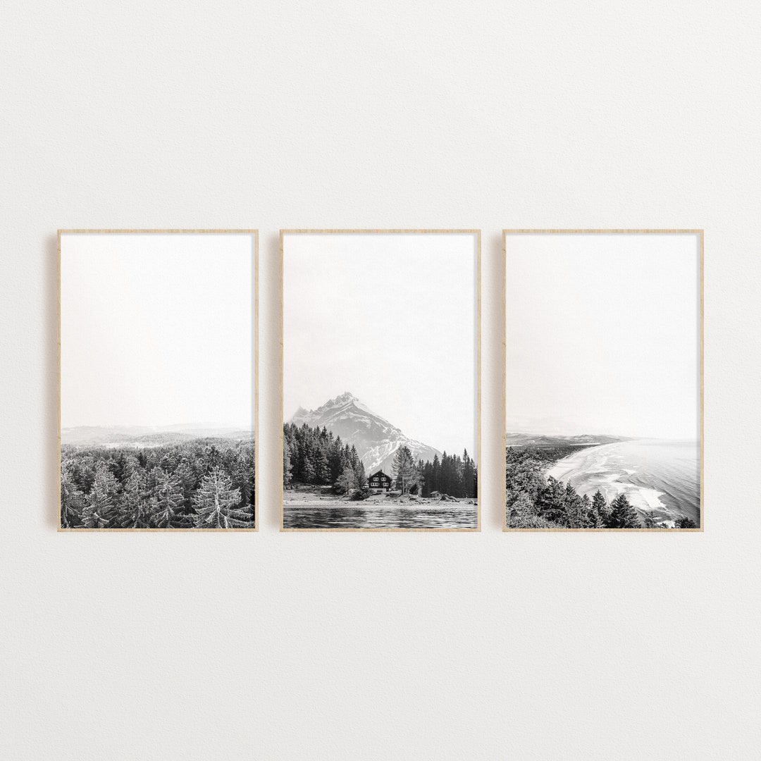 Set of 3 Nature Prints, Black and White Nature Wall Art Set, Landscape ...