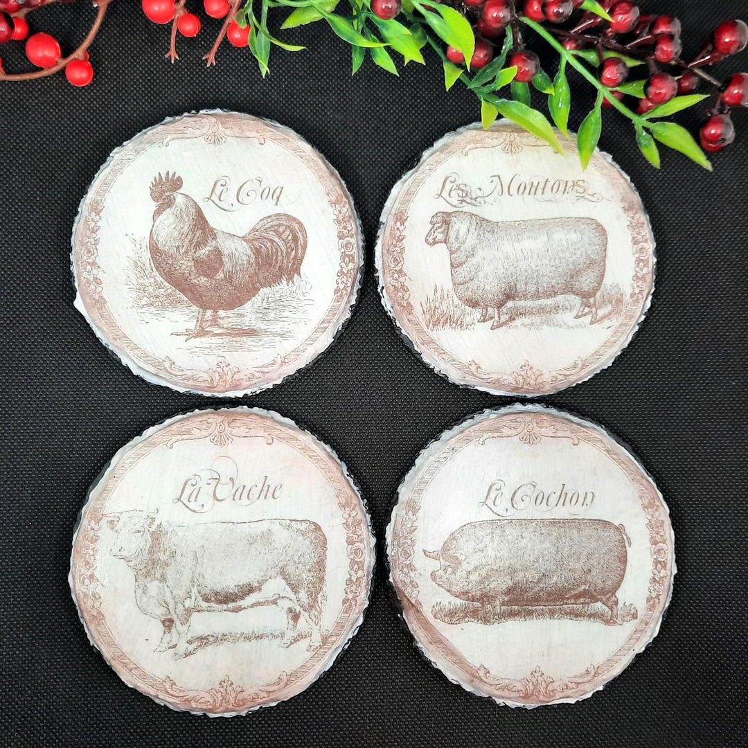 French Farm Animal Slate Coaster Set: Shabby Chic Decoupage - Etsy