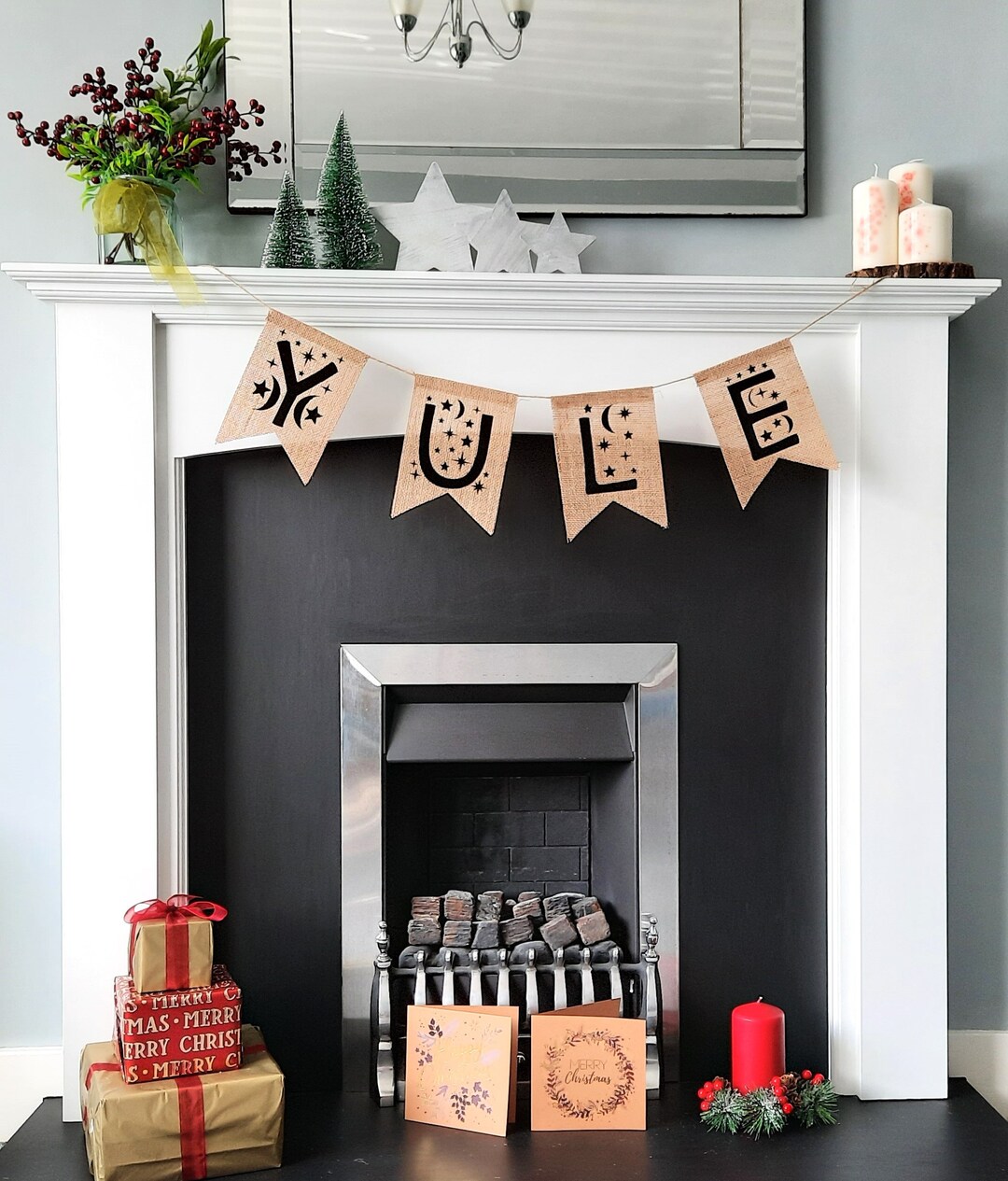 Yule Burlap Banner: Moon & Stars, Black Flock Holiday Garland - Etsy