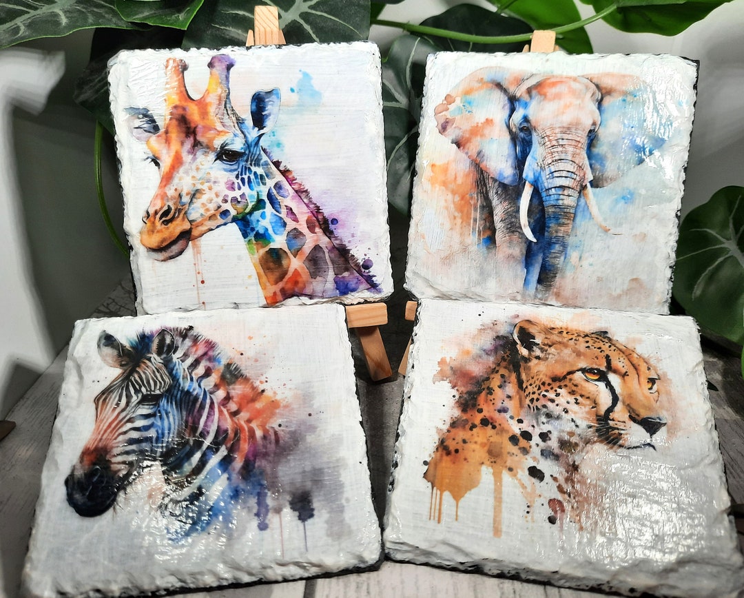 Watercolor Wild Animal Slate Coaster Set: Decoupage Safari Gift - Etsy