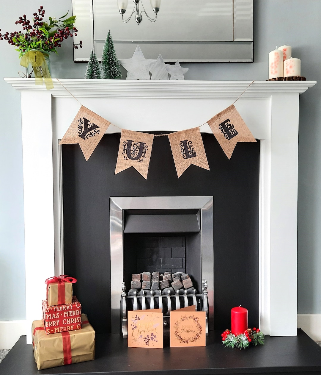 Yule Burlap Banner, Black Glitter Bunting, Hessian Fireplace Garland ...