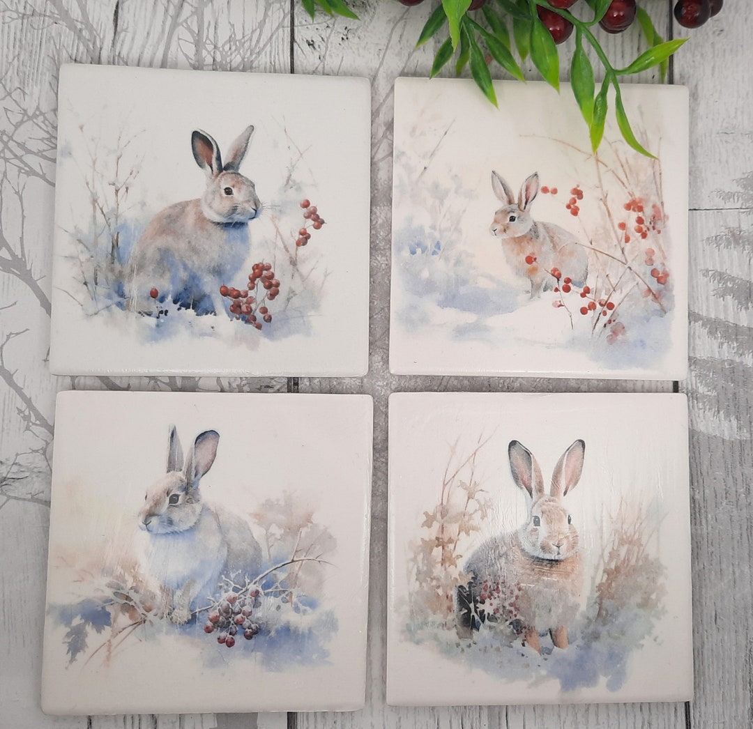 Watercolour Rabbit Ceramic Coasters Set, Decoupage Hedgerow Winter Hare ...