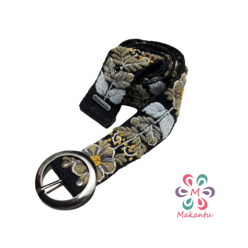 Peruvian Embroidered Belt, Handmade Embroidery, Black Strap, Greenish ...