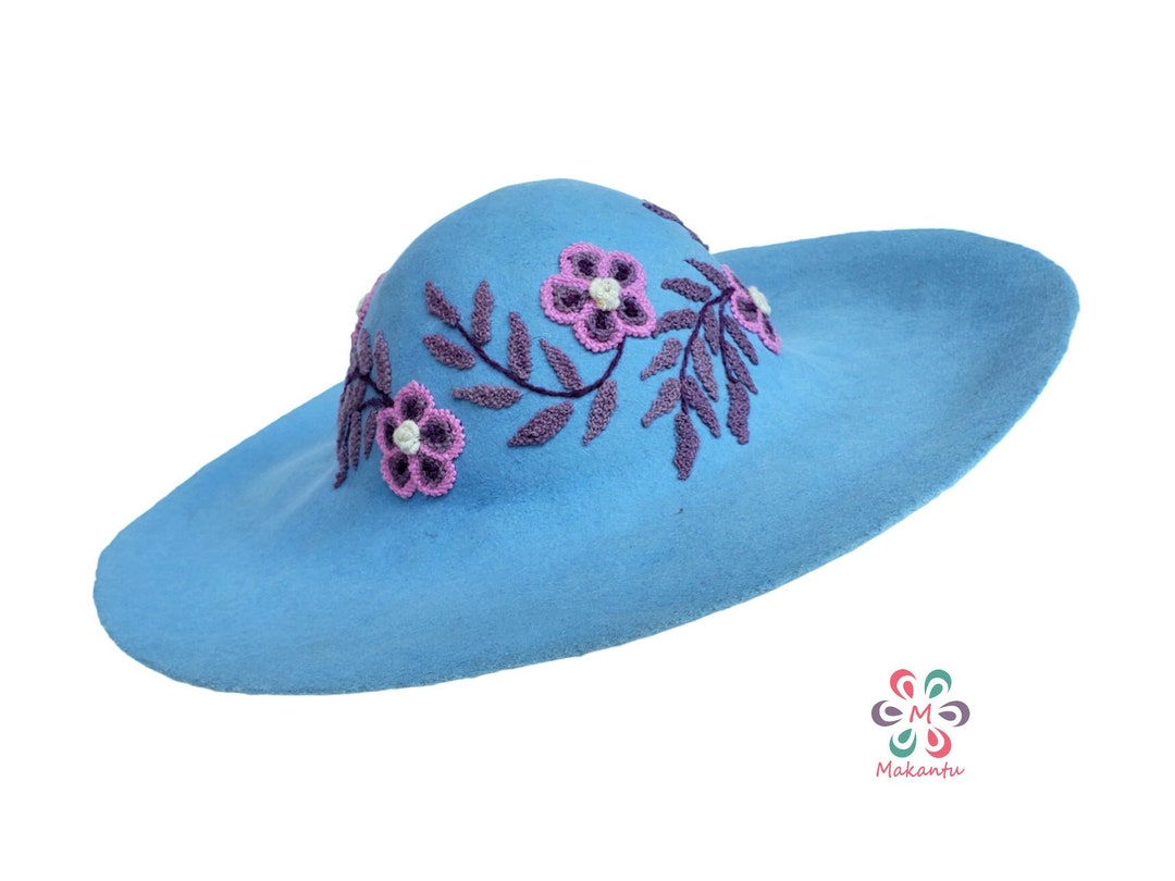 Sky Blue Hat With Purple Pink Flowers, Embroidered Straw Hat, Peruvian ...
