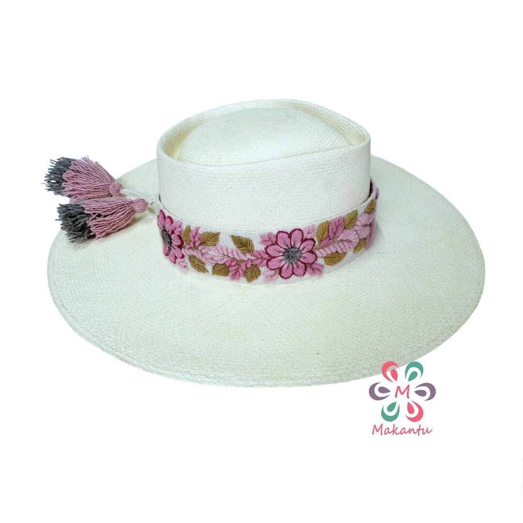 Ivory Hat Strap With Pink Flowers, Embroidered Hat Band, Handmade Hat ...