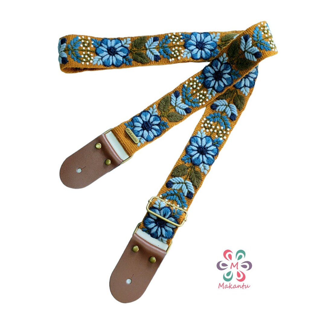 Camel Guitar Strap With Blue Flowers, Adjustable Guitar Strap, Handmade ...