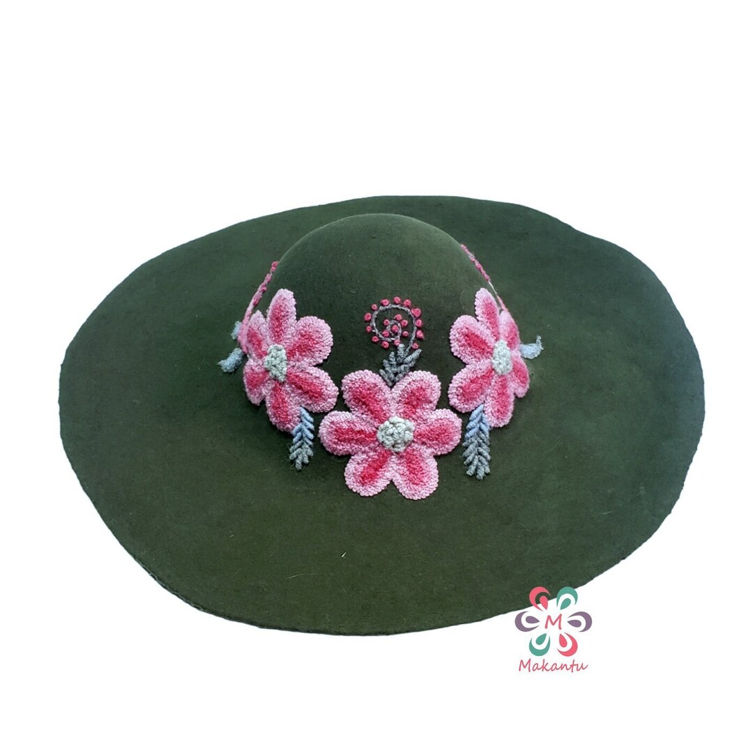 Embroidered Straw Hat, Peruvian Sun Hat, Green Hat With Pink Flowers ...