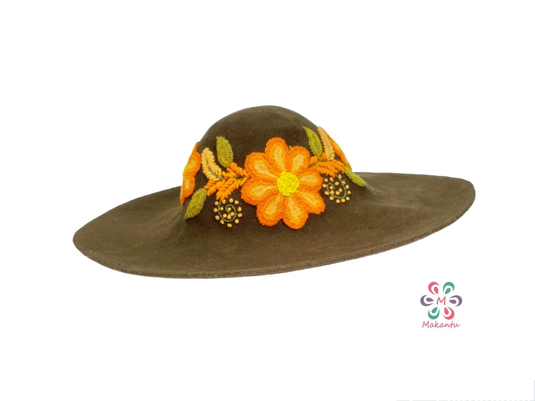 Embroidered Straw Hat, Peruvian Sun Hat, Brown Hat With Orange Flowers ...