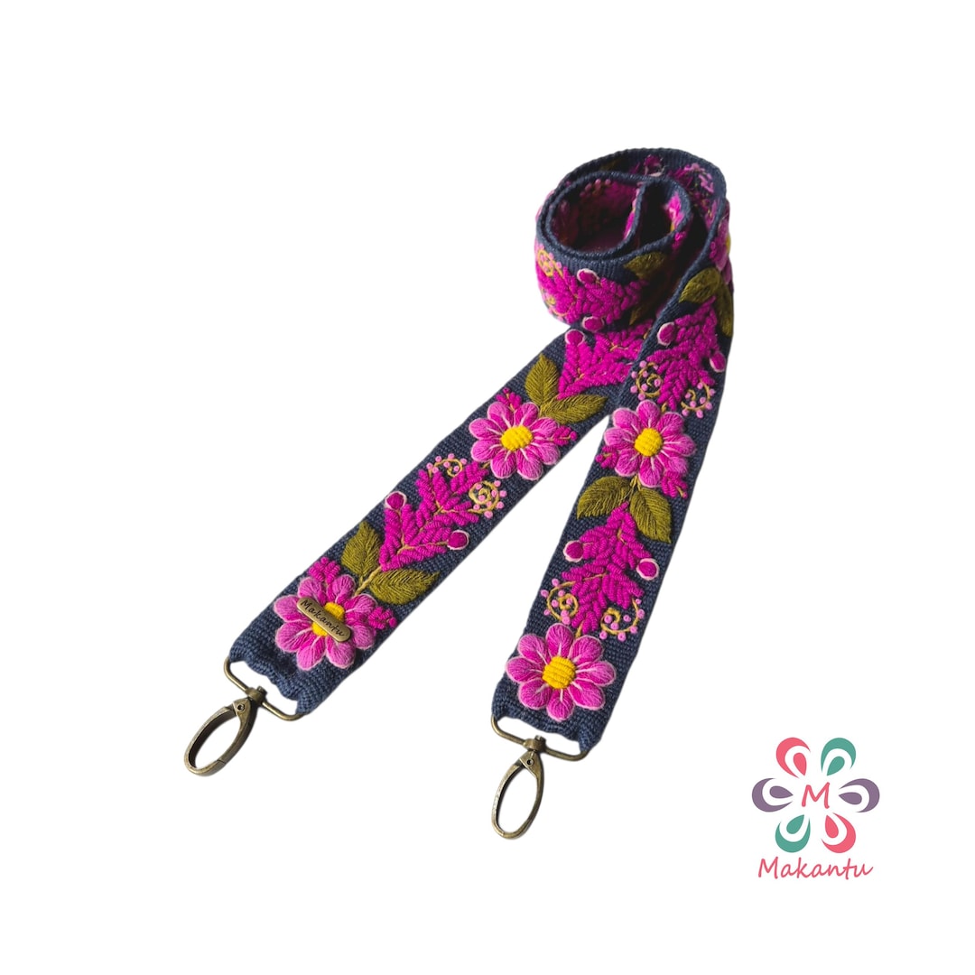 Navy Blue Bag Strap With Fuschia Flowers, Camera Strap, Embroidered ...