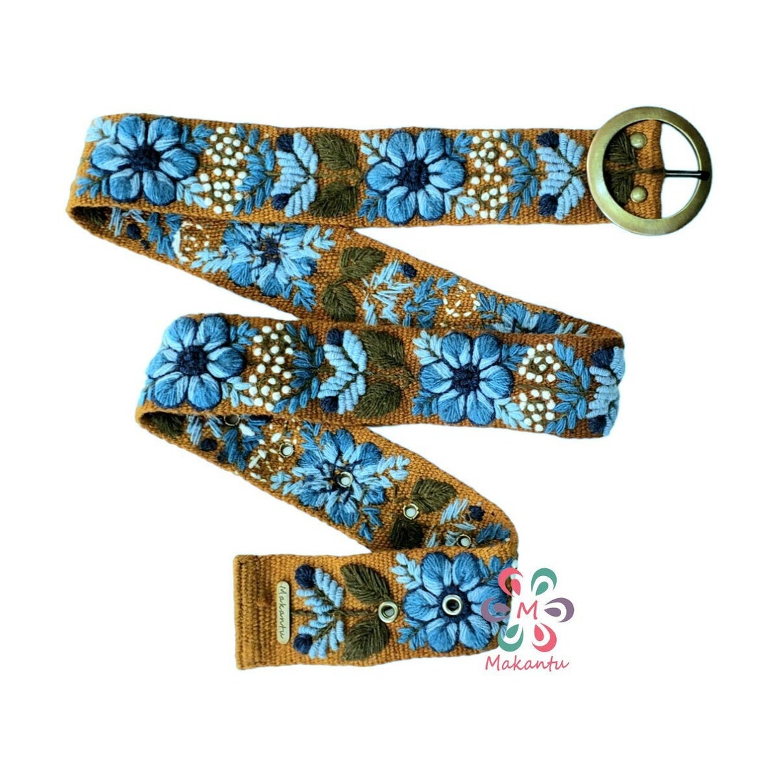 Peruvian Embroidered Belt, Handmade Embroidery, Beige Belt, Camel, Blue ...