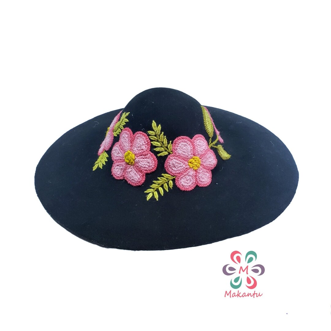 Embroidered Straw Hat, Peruvian Sun Hat, Black Hat With Pink Flowers ...