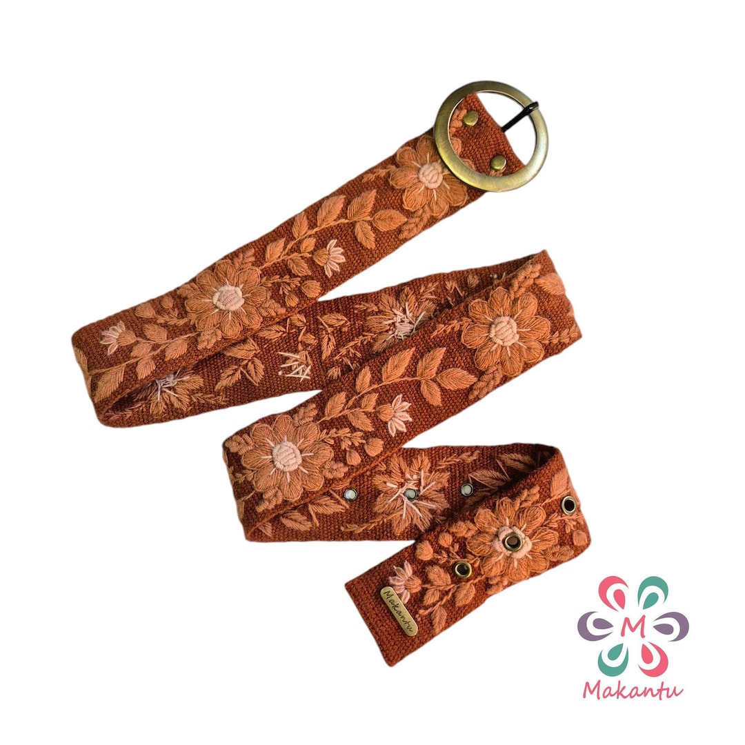 Orange Brick Belt W/ Brick Orange Flowers, Peruvian Handmade ...
