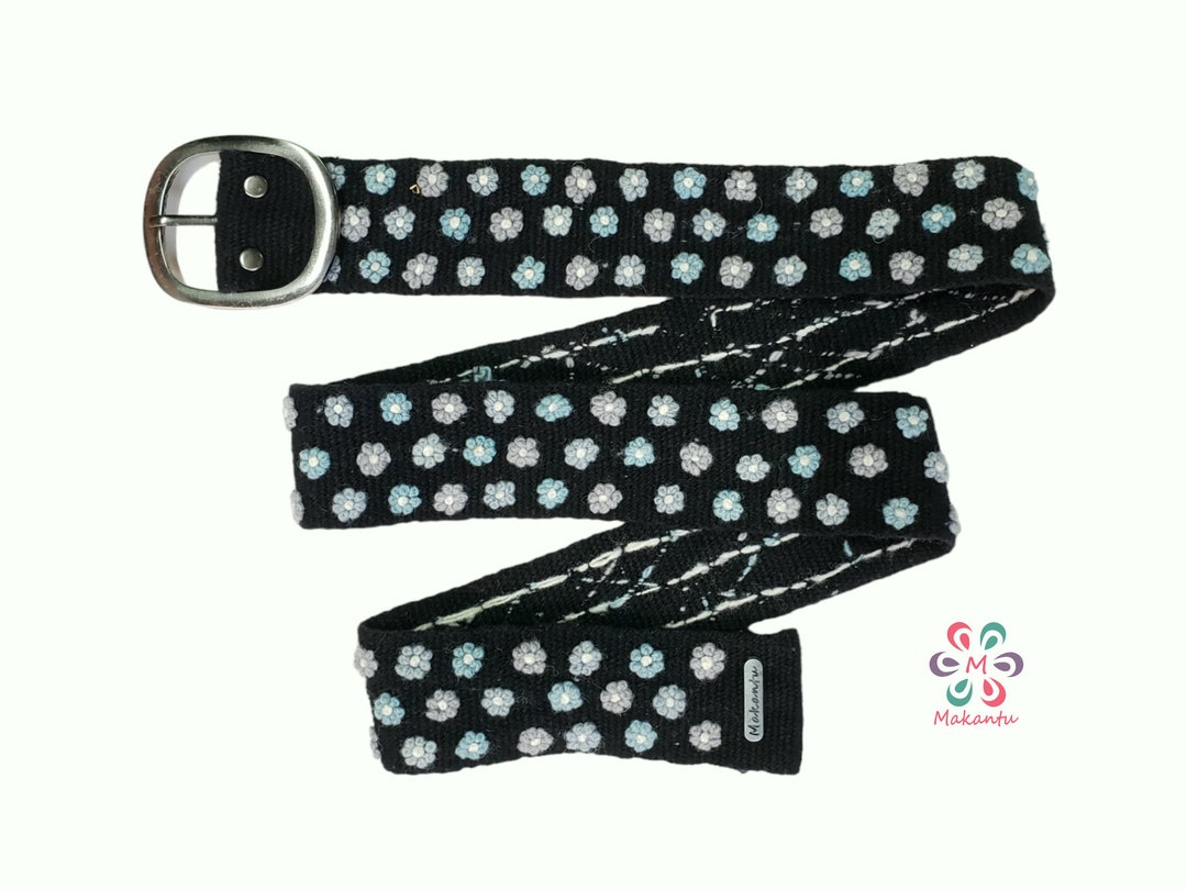 Black Belt With Blue Flowers, Peruvian Handmade, Small Flower Details ...