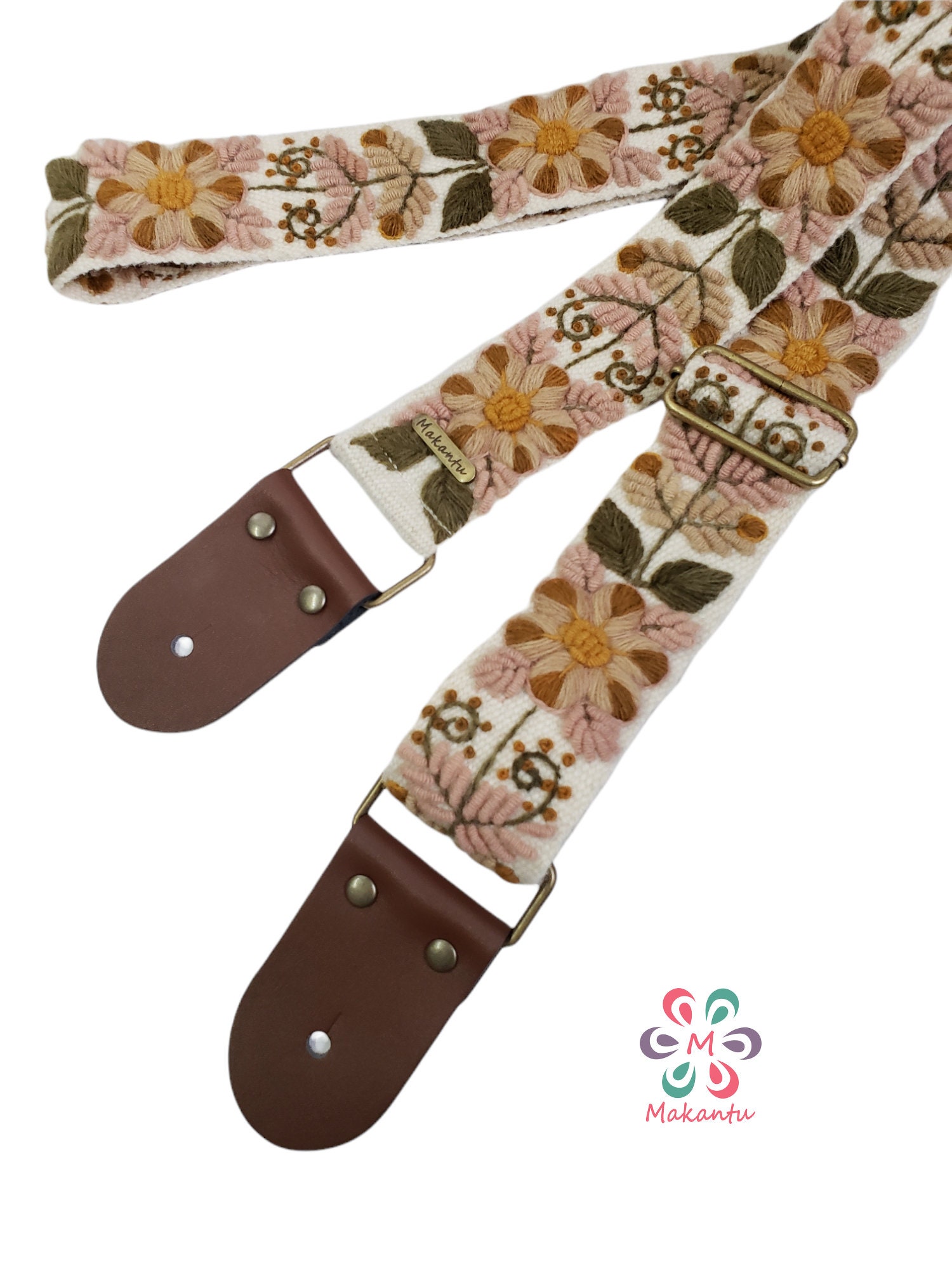Adjustable Embroidered Guitar Strap, Handmade White Guitar Strap, Beige ...