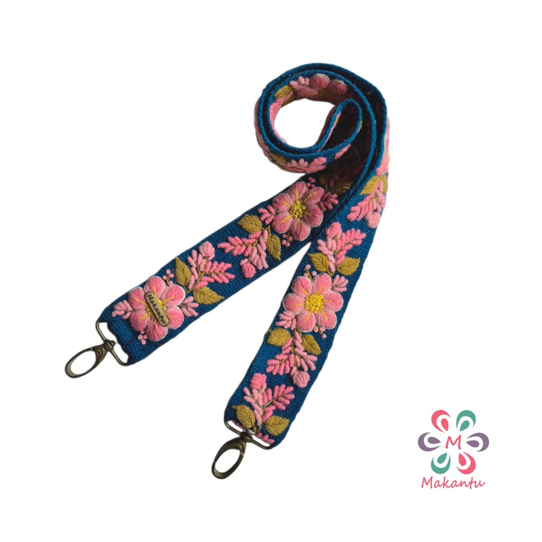 Navy Blue Bag Strap With Pink Flowers, Camera Strap, Embroidered Strap ...