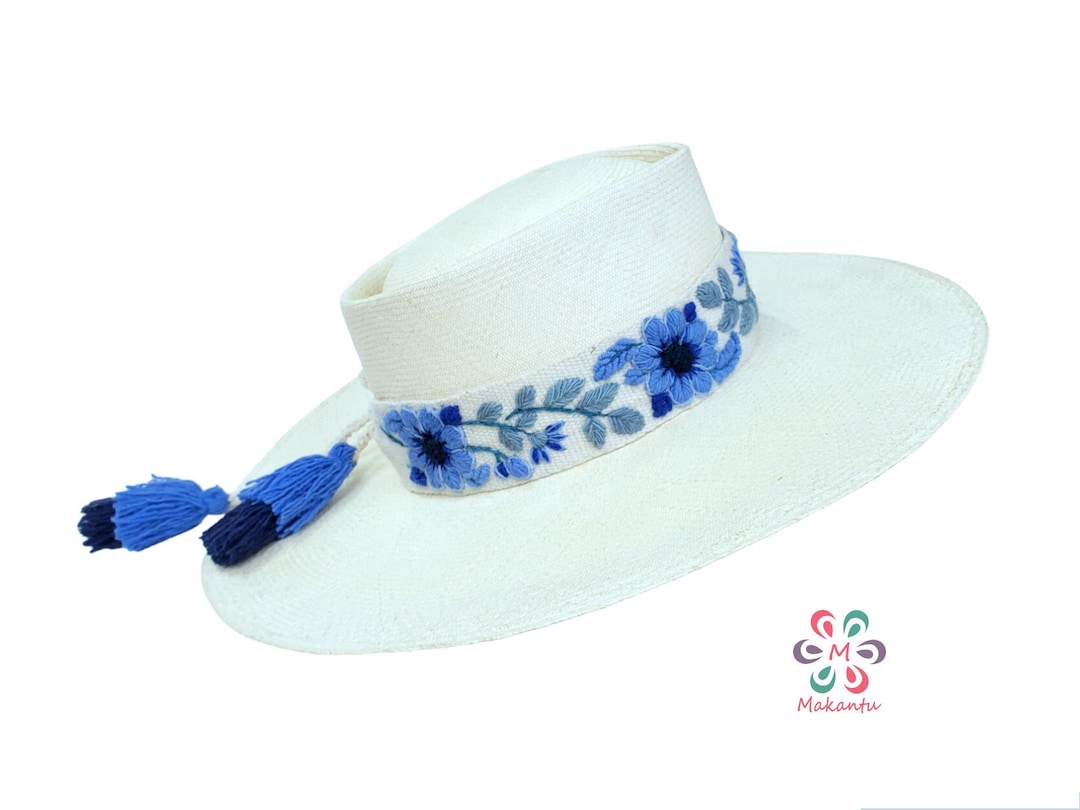 Ivory Hat Strap With Blue Flowers, Embroidered Hat Band, Handmade Hat ...