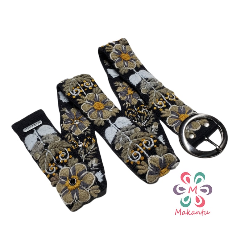 Peruvian Embroidered Belt, Handmade Embroidery, Black Strap, Greenish ...