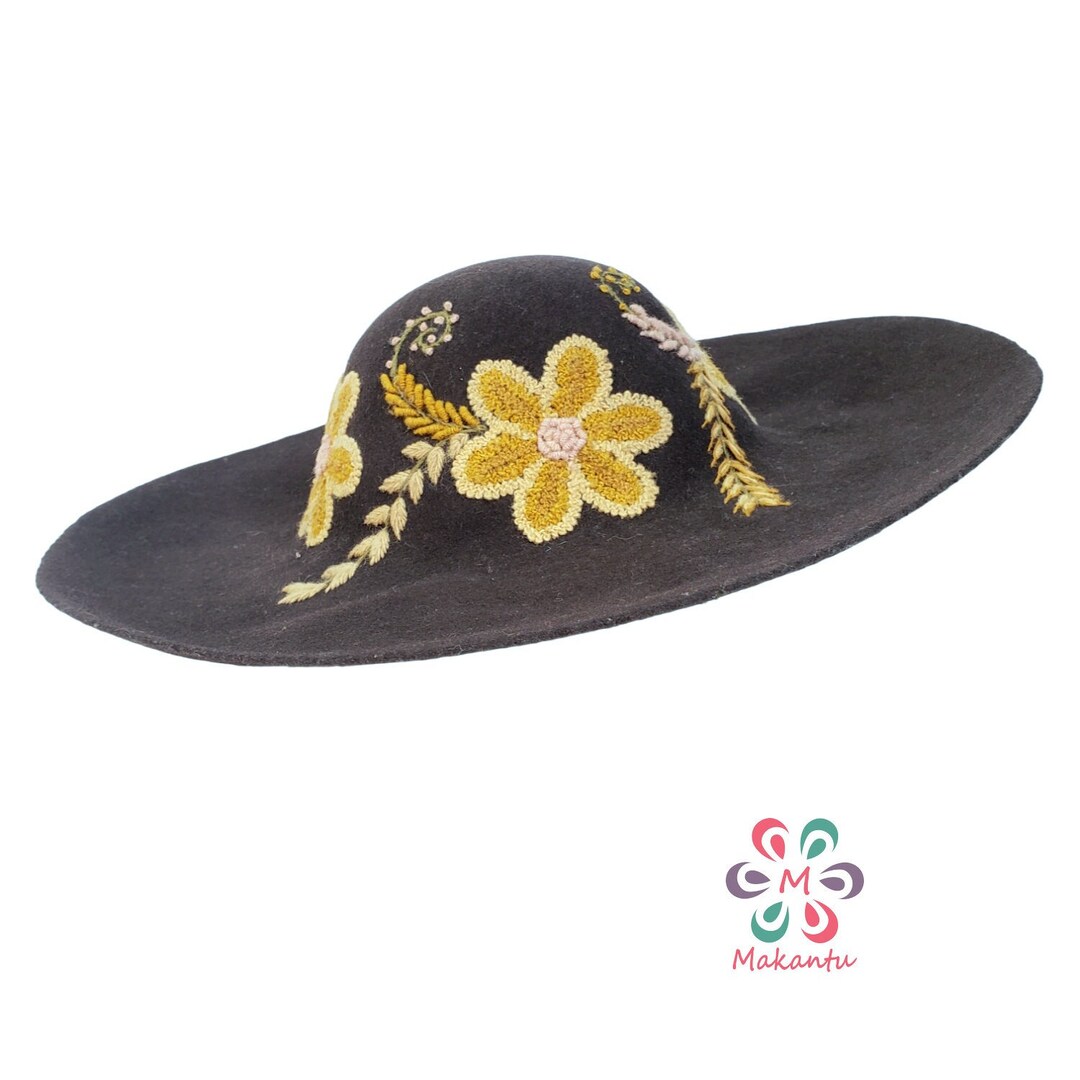 Embroidered Straw Hat, Peruvian Sun Hat, Dark Chocolate Hat With Beige ...