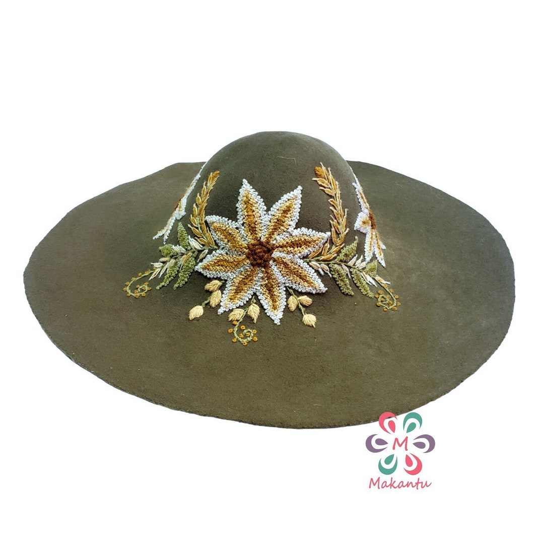 Embroidered Straw Hat, Peruvian Sun Hat, Brown Beige Hat With Orange ...
