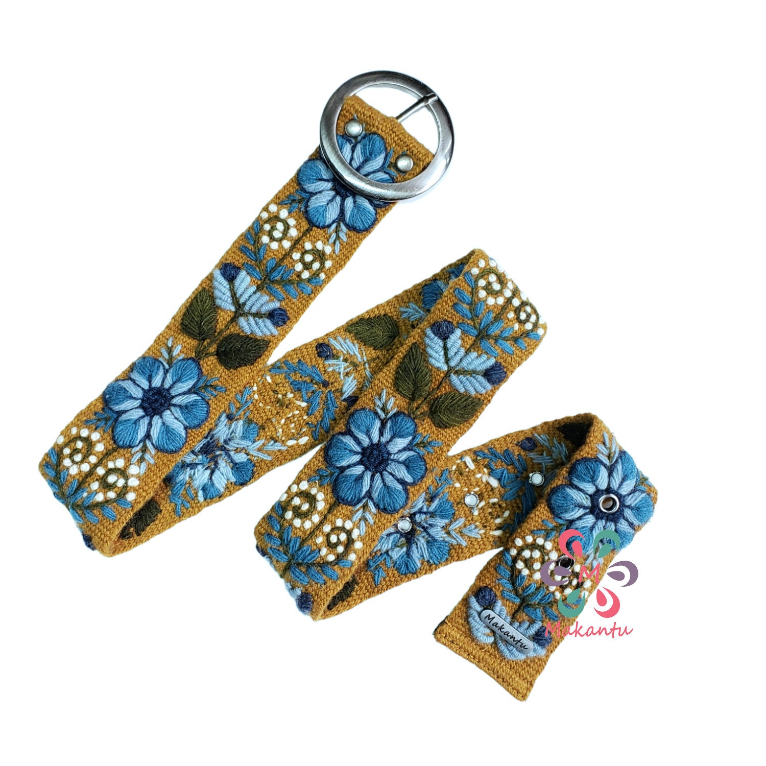Camel Organic Wool Belt With Blue Flowers, Handmade Peruvian Embroidery ...