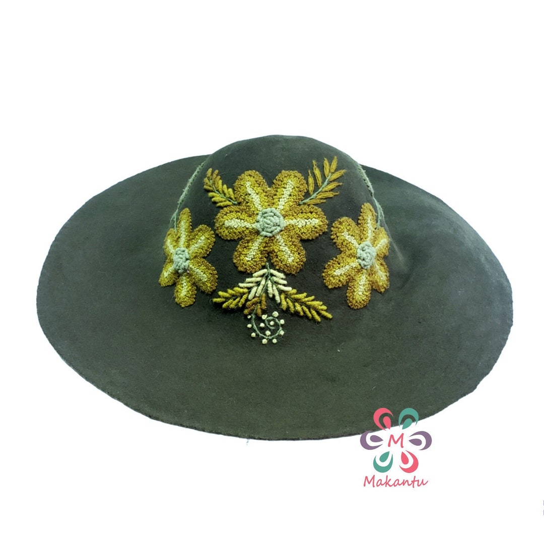 Embroidered Straw Hat, Peruvian Sun Hat, Olive Green Hat With Yellow ...