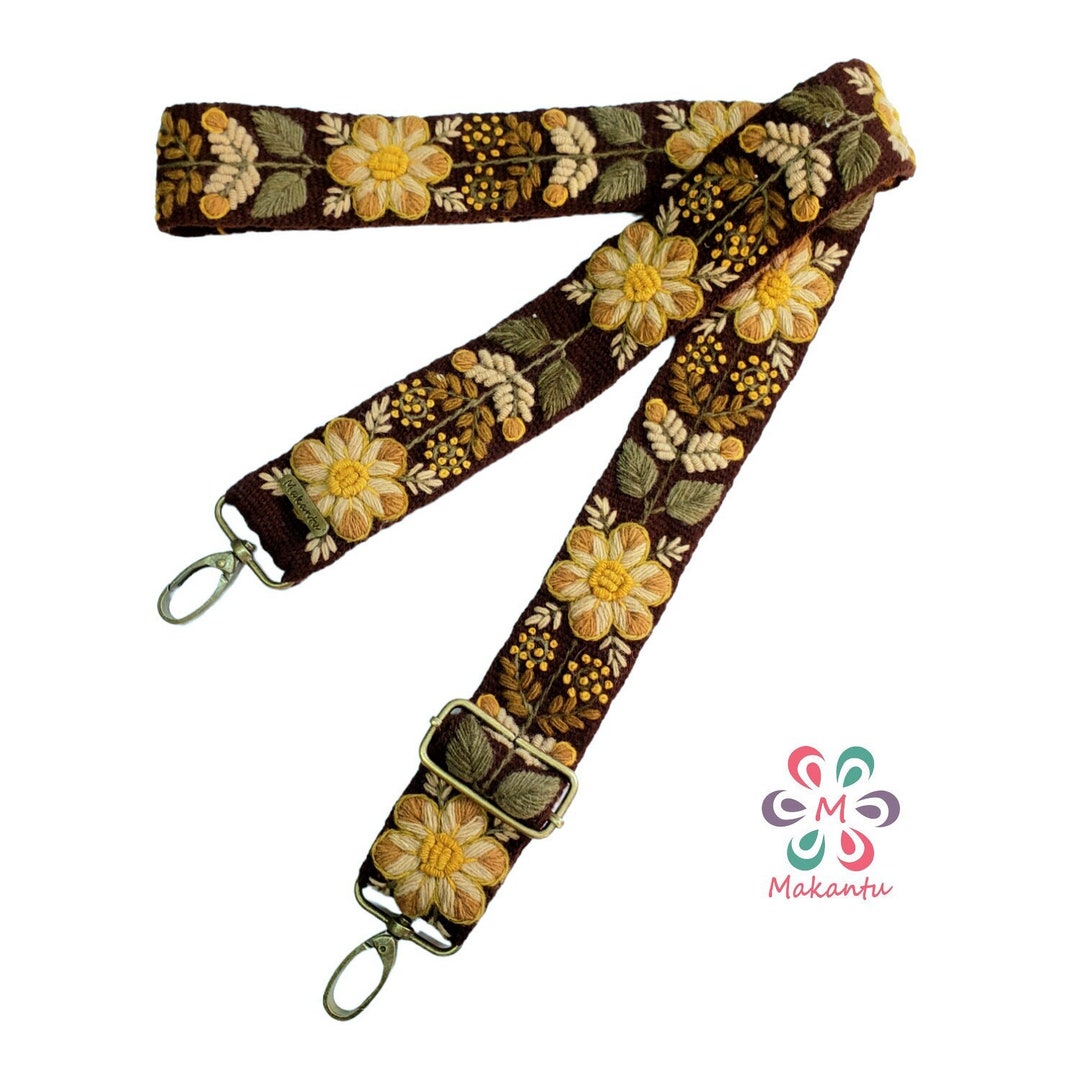 BROWN Bag Strap With Beige Flowers, Camera Strap, Adjustable Bag ...