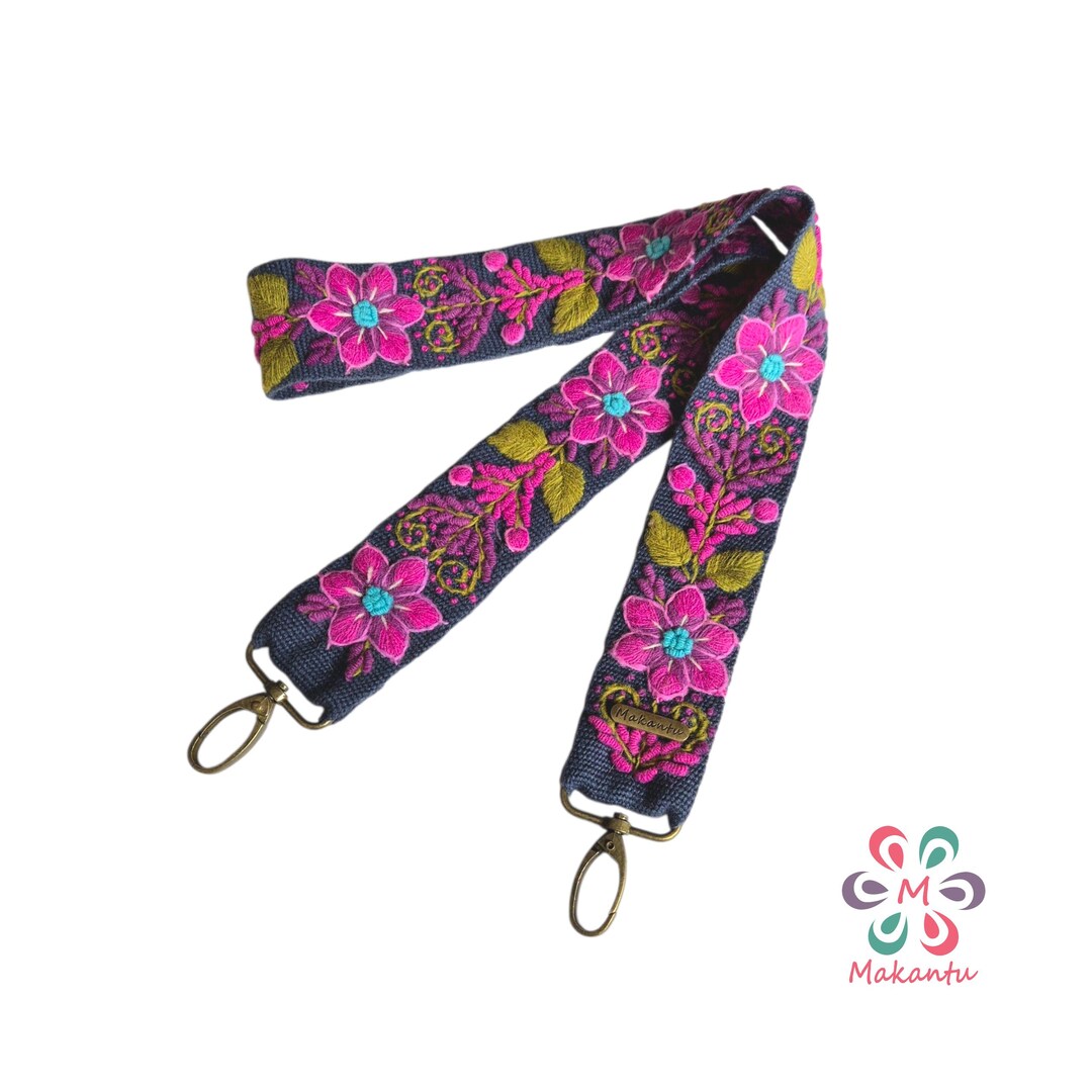 Navy Blue Bag Strap With Fuschia Flowers, Camera Strap, Embroidered ...