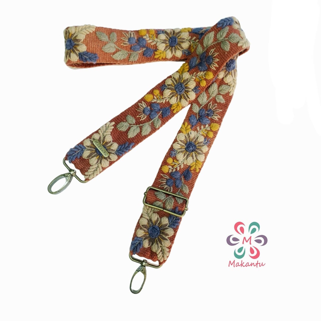 Brick Orange Bag Strap With Beige Flowers, Camera Strap, Adjustable Bag ...