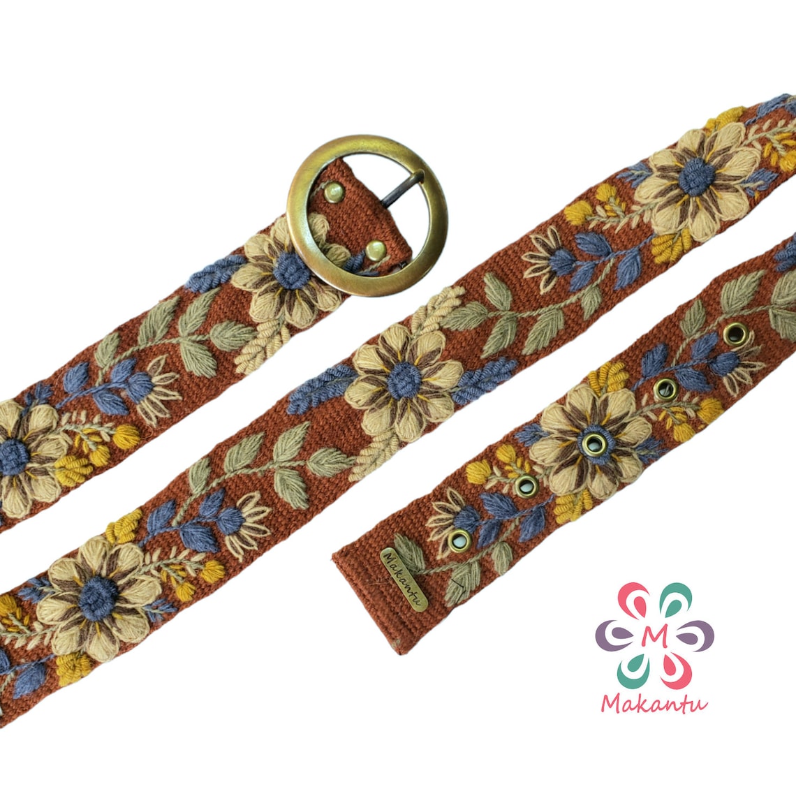 Brick Orange Belt With Beige Flowers, Peruvian Embroidery Belt ...