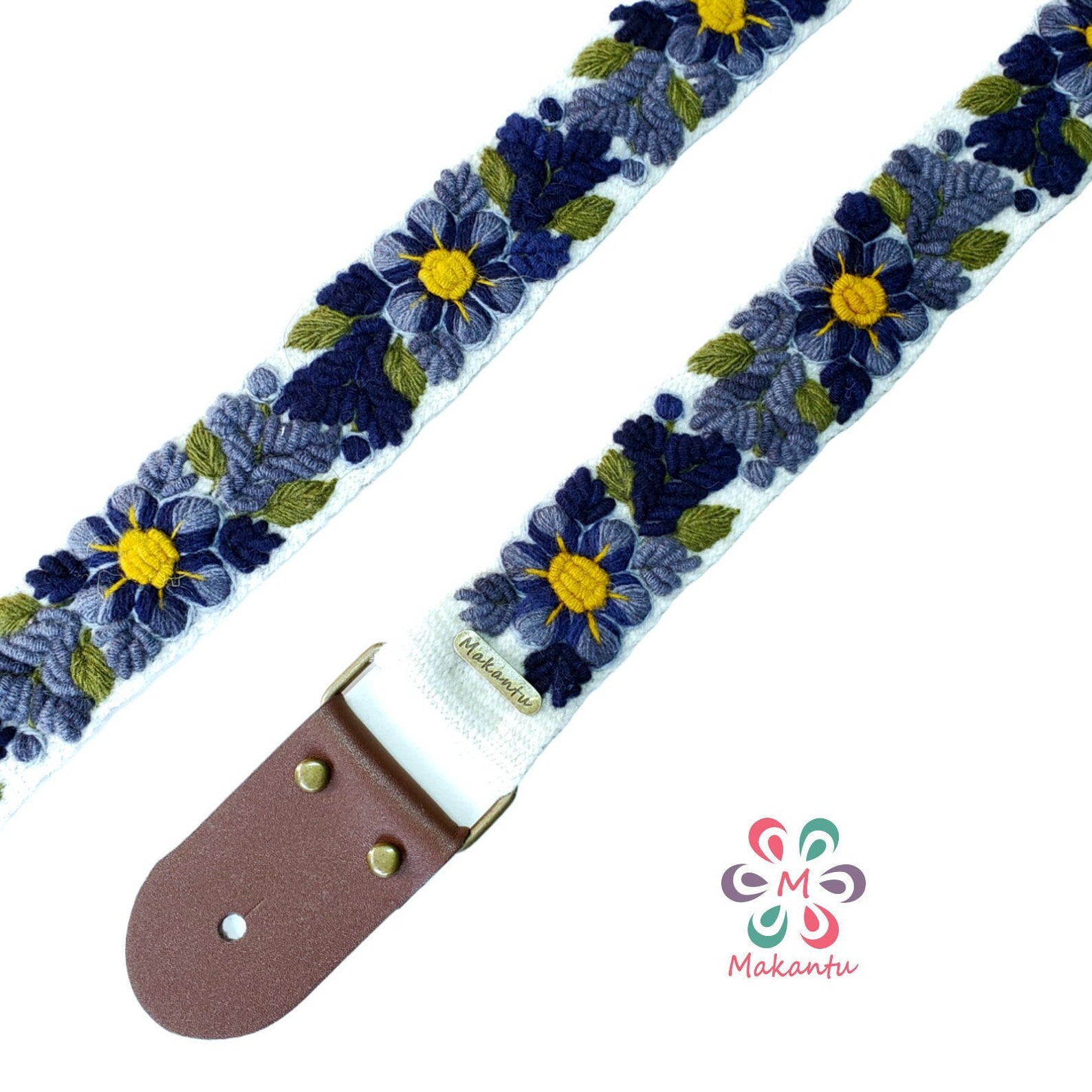 Ivory Guitar Strap With Blue Flowers, Adjustable Embroidered Guitar ...