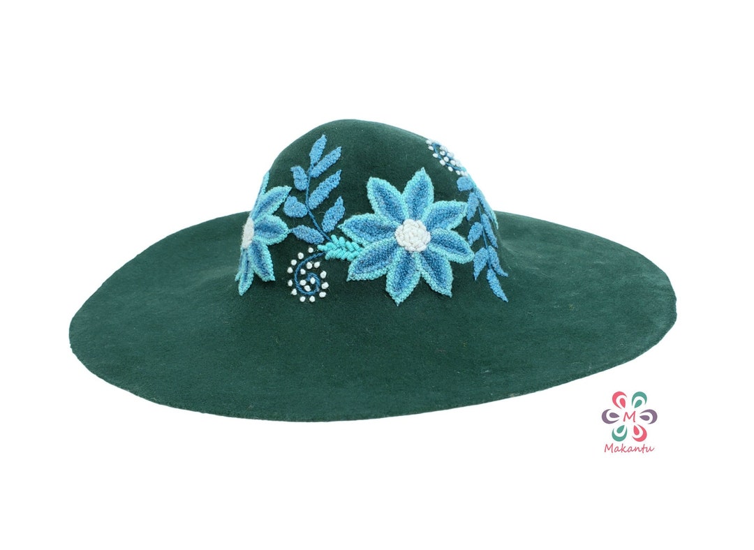 Embroidered Straw Hat, Peruvian Sun Hat, Jade Green Hat With Turqoise ...