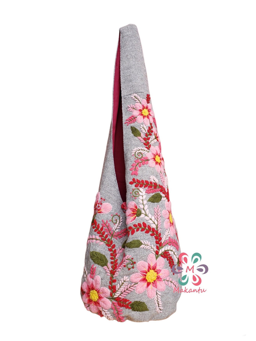 Natural Light Grey Bag With Red Flowers | Handmade Crossbody Bag ...