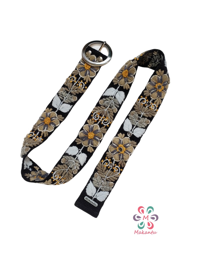 Peruvian Embroidered Belt, Handmade Embroidery, Black Strap, Greenish ...