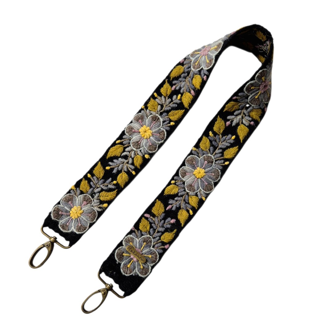 Black Bag Strap, Gray Flowers, Camera Strap, Embroidered Strap ...