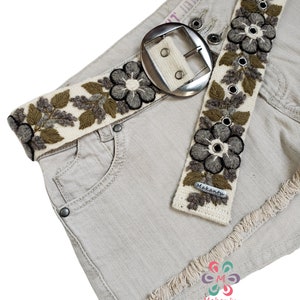 Ivory Organic Wool Belt With Natural Gray Flowers, Handmade Peruvian ...