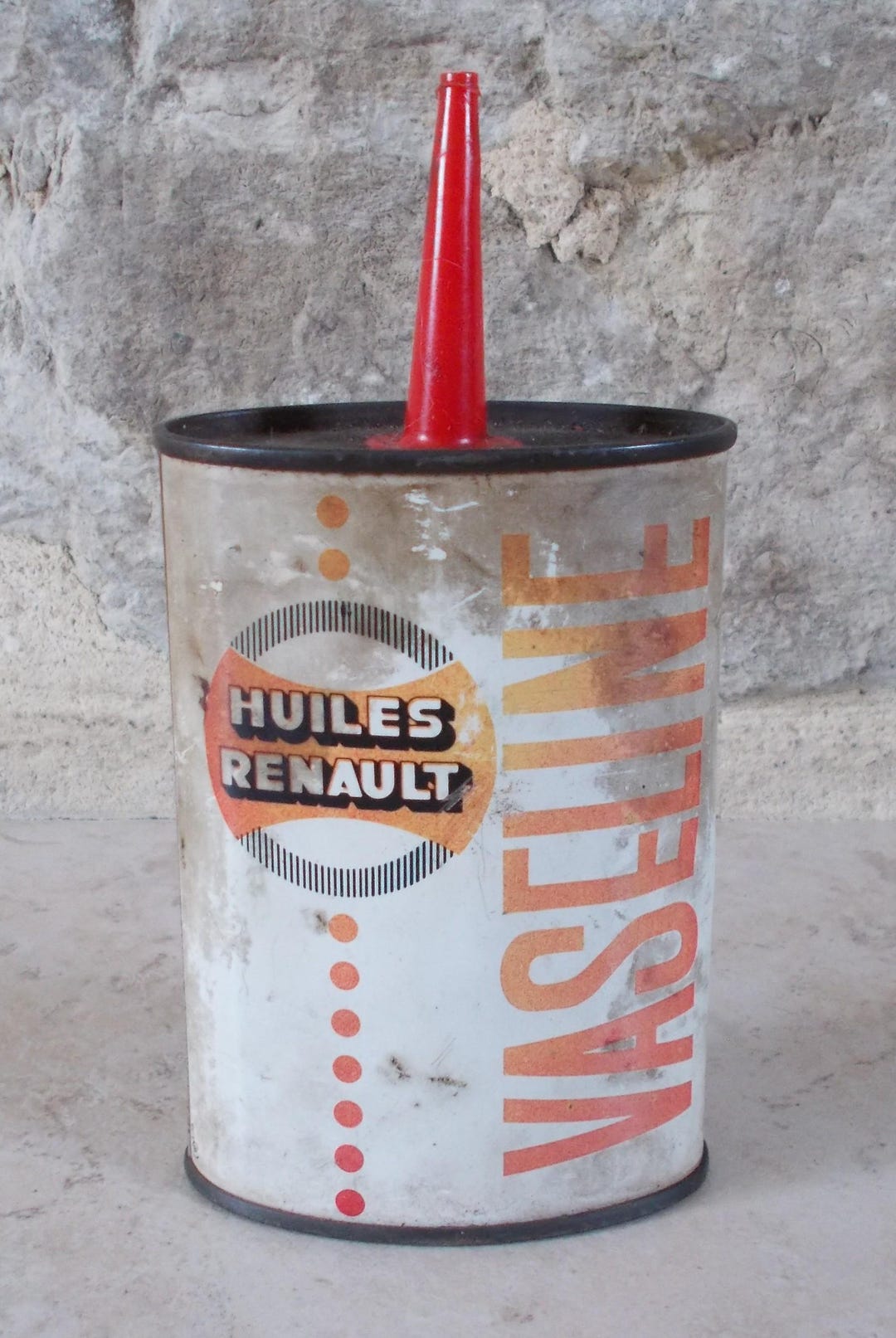 Vintage HUILES RENAULT Oil Can Oiler Tin Old Antique France White ...