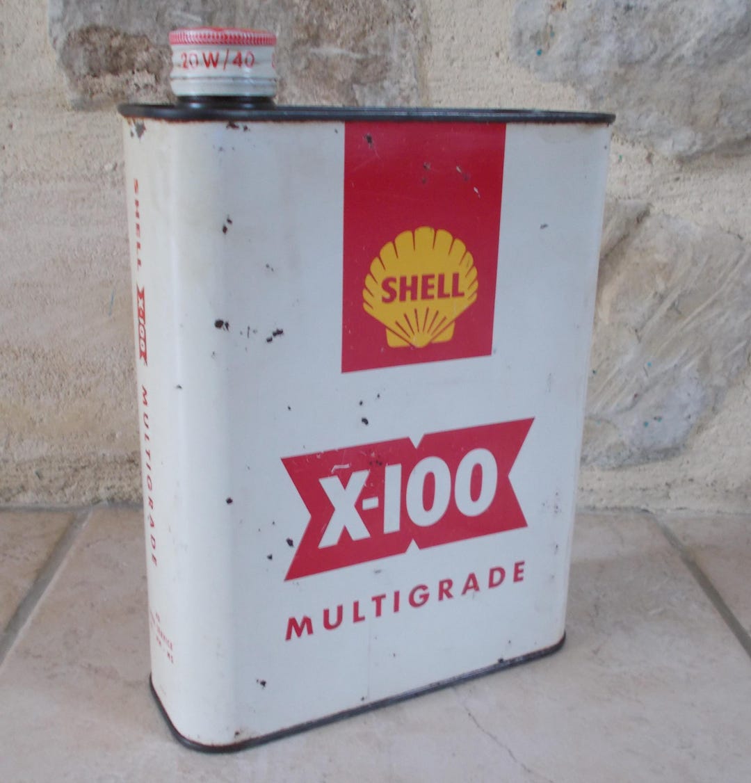 Vintage SHELL X-100 Oil Can Tin Old Antique France Canister White ...