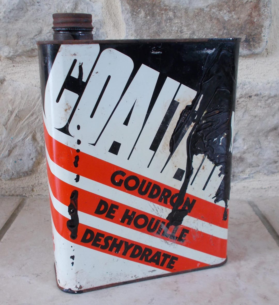 Antique COALTAR Tar Oil Can Boat Old Vintage France White Black ...