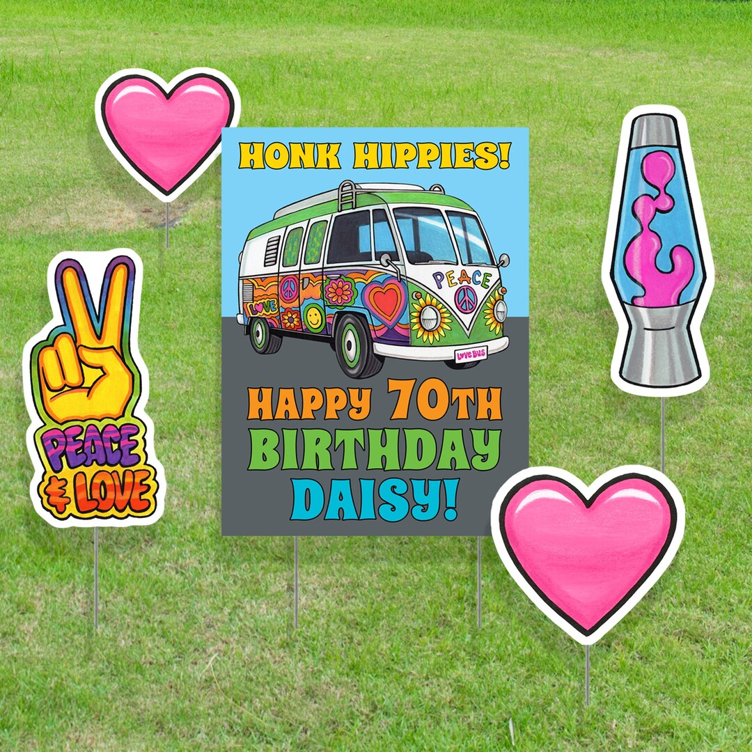 70th Birthday Yard Sign, Hippie Theme Lawn Signs, Outdoor Party ...