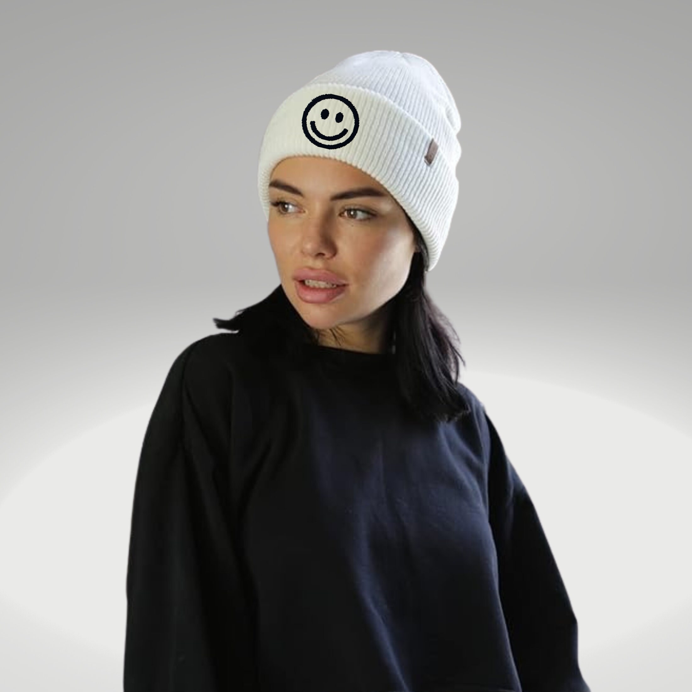 Knit Hat With Embroidered Smiley Face Choose Between Black, Cream ...