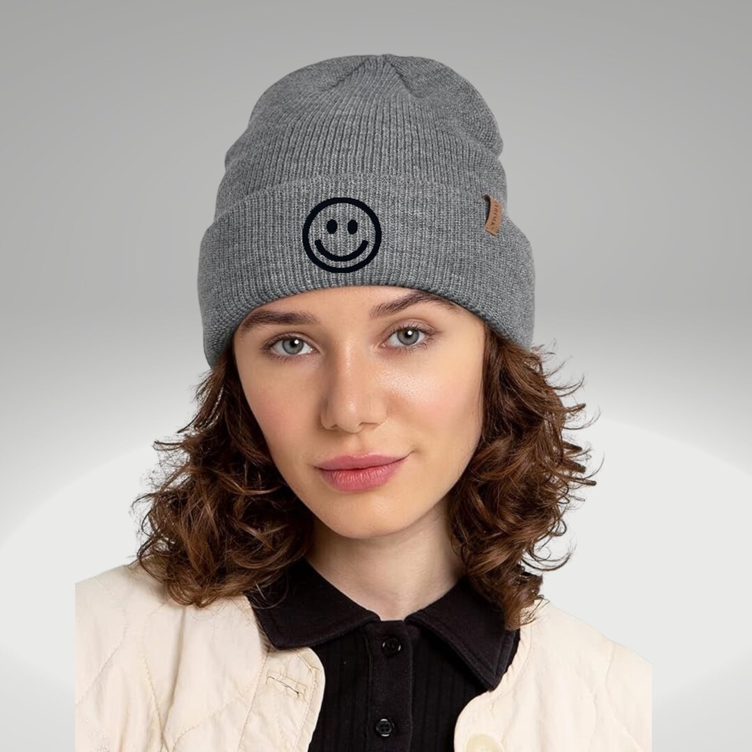 Knit Hat With Embroidered Smiley Face Choose Between Black, Cream ...