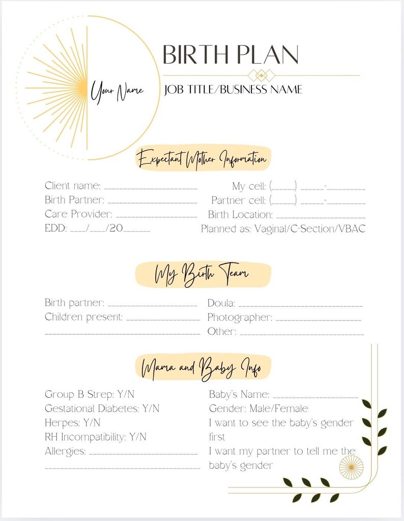 Birth Plan Template - Etsy