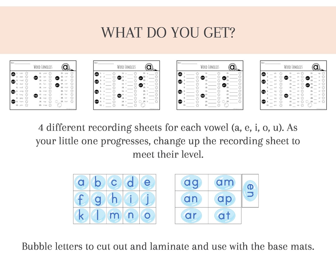 CVC Word Family Preschool Printables Phonics Mats, Kindergarten Kids ...