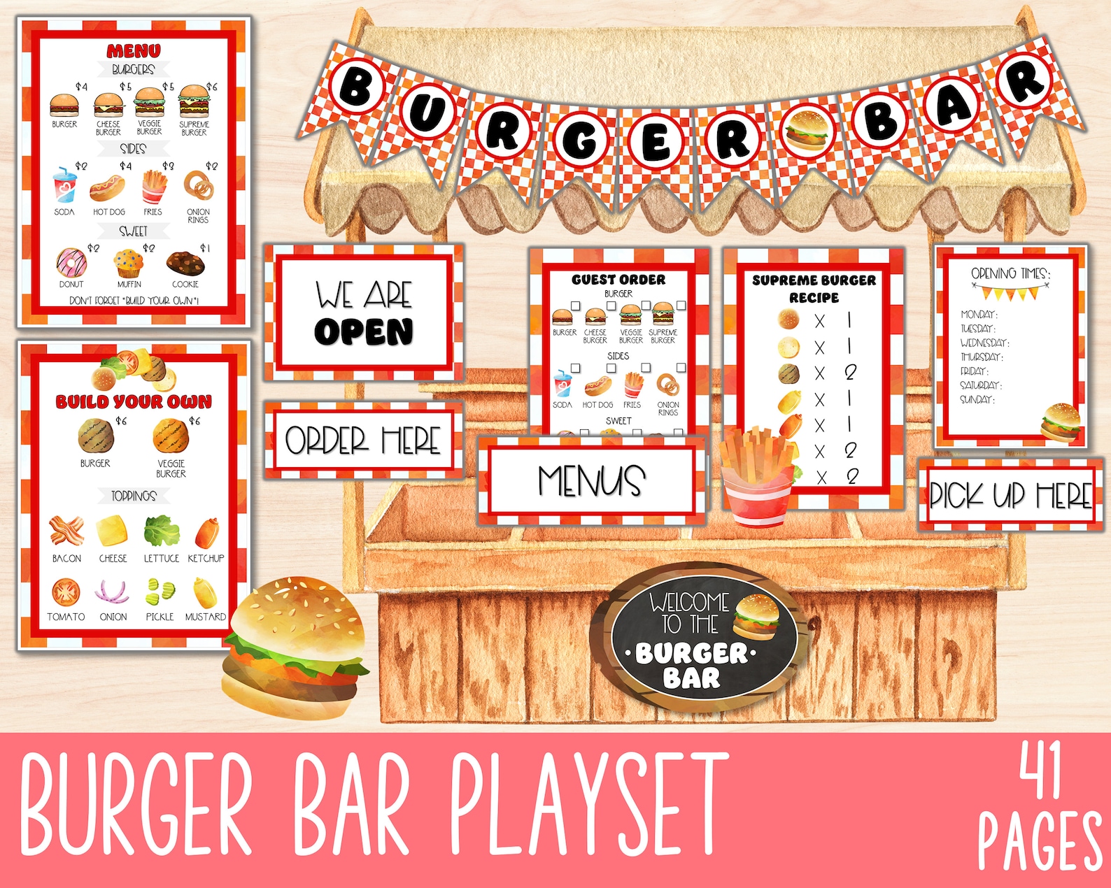 Burger Bar Pretend Play, Dramatic Play Printable, Pretend Printable ...