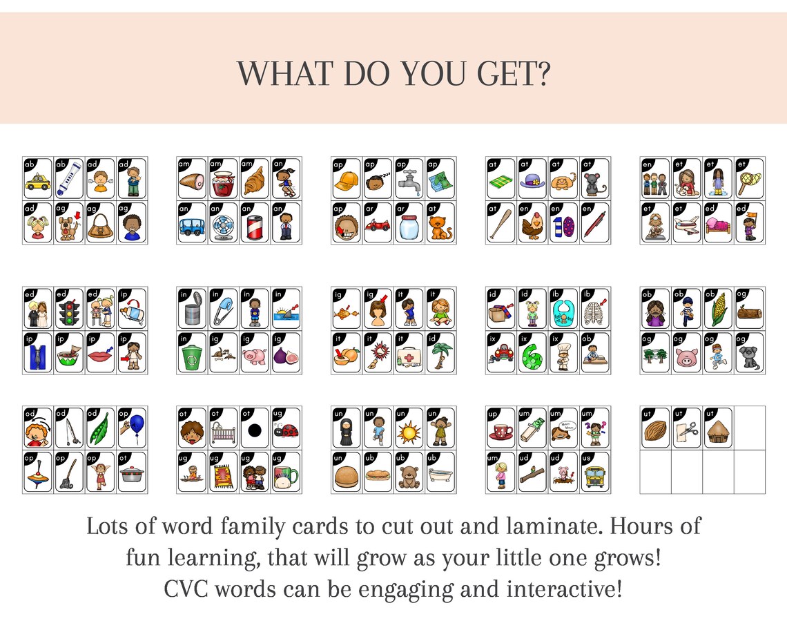 CVC Word Family Preschool Printables Phonics Mats, Kindergarten Kids ...